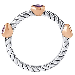 PEORA Amethyst 3-Stone Stackable Ring in Sterling Silver, Cable Rope Band for Women 2.1mm Sizes 8