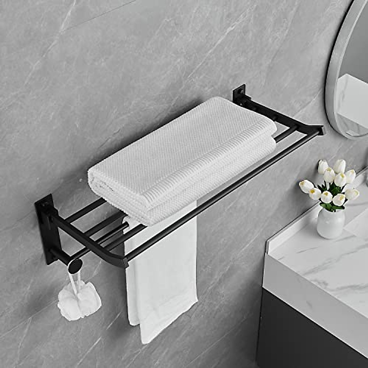 JunSun Foldable Towel Rack with Towel Bar 24-Inch Stainless Steel Multifunctional Bathroom Towel Shelf Towel Holder Modern Towel Hanger Bathroom Accessories Storage Shelf Wall Mounted Matte Black