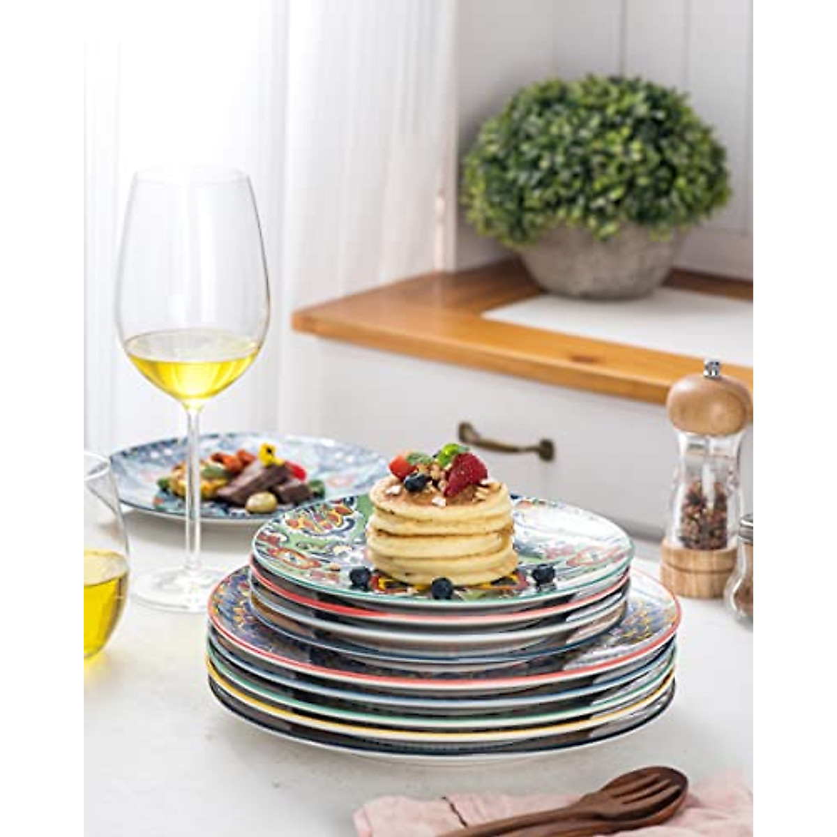 HENXFEN LEAD Ceramic Dinner Plates Set of 6-10.6 Inch Large Dessert, Pasta, Salad Plate, Porcelain Colorful Serving Dishes for Kitchen & Restaurant, Dishware, Microwave & Oven safe - Bohemian Style