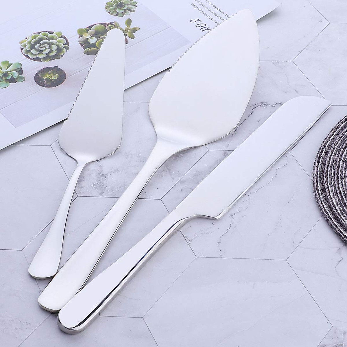 Buyer star Cake Server and Knife Set,Silver 18/8（304) Stainless Steel Big, Small Cake Shovel, Cake Knife, and Dessert Fork*8/Cake Cutting Sets for Wedding, Anniversary, Party Supplies