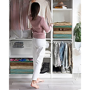 Storage Bins Retro Rustic Barn Wood Teal Green Brown Storage Box Foldable Storage Basket for Shelves Storage Cubes Bin for Organizing Closet Nursery Toy Organizers with Handles