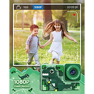 Kids Dinosaur Digital Camera Toys: Kizeefun 3-12 Year Old Boys Girls Christmas Birthday Gifts, Mini HD Selfie Video Baby Camera for 3 4 5 6 7 8 9 Toddler Children with 32GB Card