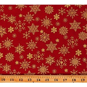 Cotton Holly Jolly Christmas Winter Metallic Gold Snowflakes on Red Cotton Fabric Print by The Yard (D402.60)