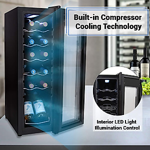 NutriChef PKCWC120 White & Red Cooler-Freestanding Countertop Compact Mini Wine Fridge Chiller 12 Bottle Capacity, Digital Control, Glass Door, Black