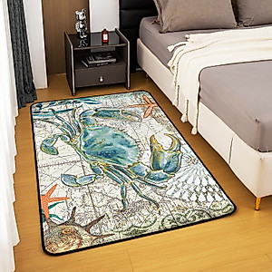 Erosebridal Sea Beach Theme Carpet 5'x7' Kids Ocean Crabs Print Area Rug 3D Crab Indoor Floor Mat,Marine Life Animal Decorative Rug,Teal Blue Accent Rug Set Bedroom Living Room Bedside Dining