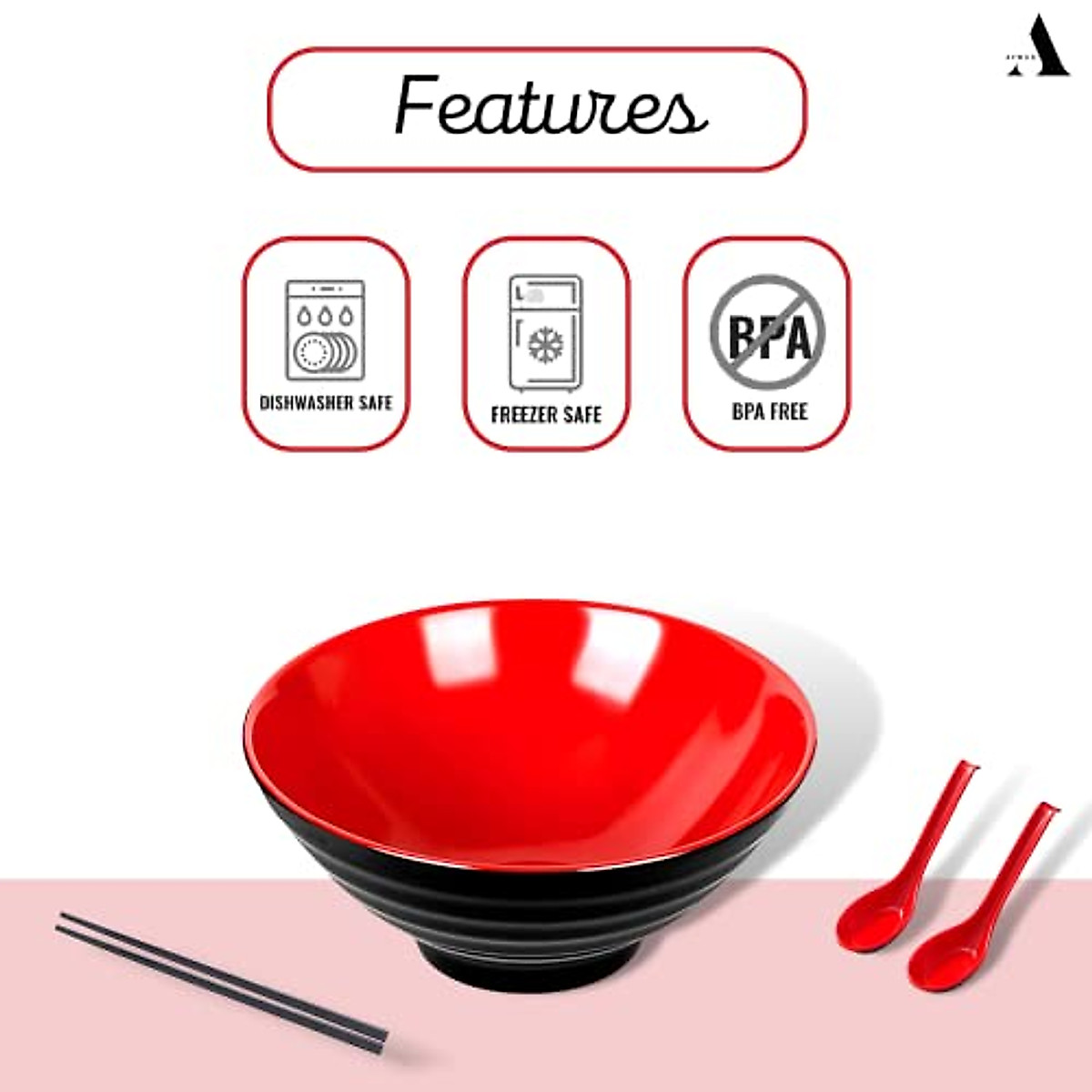 AFWAN Ramen Bowl Set of 4 32 OZ with Large Melamine Bowls Spoons Complete Dinnerware Set with Chopsticks long-lasting Japanese style