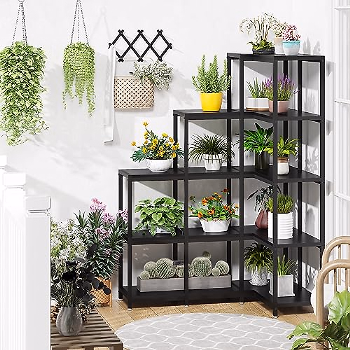 Tribesigns 5-Tier Corner Bookshelf, 63” Tall Modern L-Shaped Bookshelf Corner Bookcase, 17 Shelves Black Stepped Bookcase Display Rack Storage Shelf for Living Room Home Office (Black)