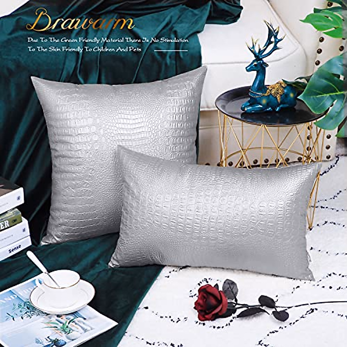 BRAWARM Faux Leather Pillow Covers 12 X 20 Inches, Silver Leather Pillow Covers Pack of 2, Crocodile Leather Decorative Lumbar Throw Pillows for Living Room Couch Bed Sofa Home