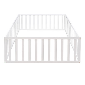 Harper & Bright Designs Full Size Floor Bed with Rails,Montessori Floor Bed Wood Frame with Fence and Door, for Kids Girls Boys (White)