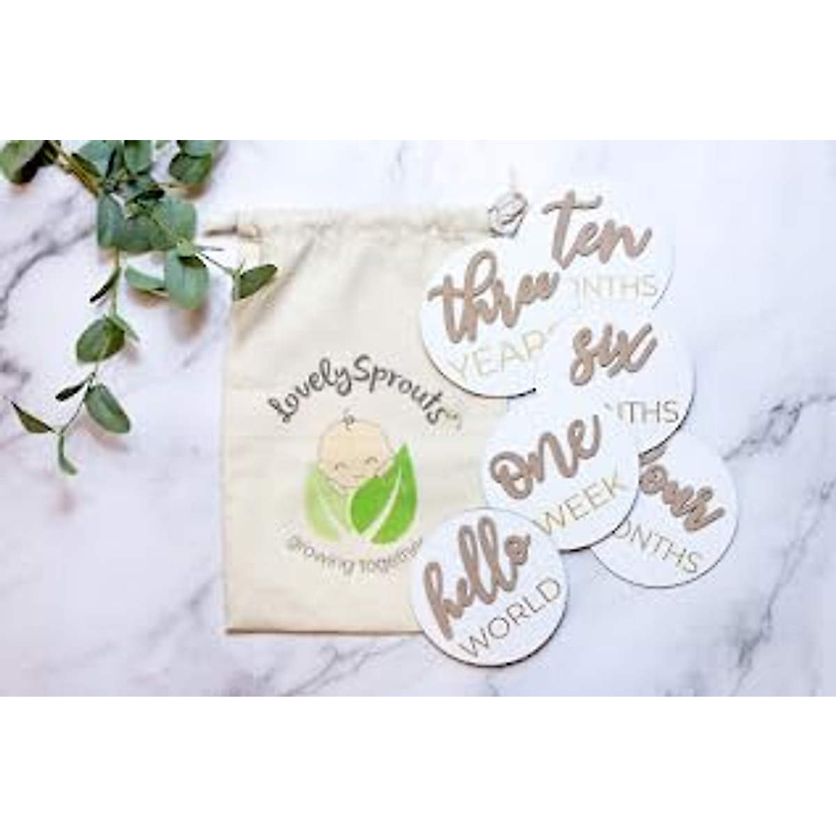 Wooden 3D Monthly Milestone Discs for Baby Photos (20 pcs Set), First Year Monthly Milestone Marker, Includes 1-5 Years, White Stained