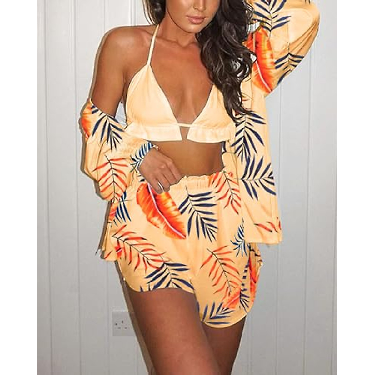 Women's Hawaiian 3 Piece Outfits Sets Floral Blouse Swimsuit Cover Ups Halter Bikini Top Mini Short Summer Beachwear Khaki XL
