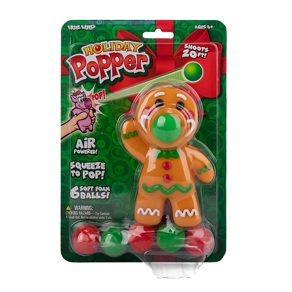 Hog Wild Christmas Gingerbread Ball Popper Toy - Holiday Stocking Stuffer Includes 4 Soft Foam Balls - Squeeze to Pop Air Powered Balls Up to 20 Feet - Indoor/Outdoor Play - Gift for Kids, Girls, Boys