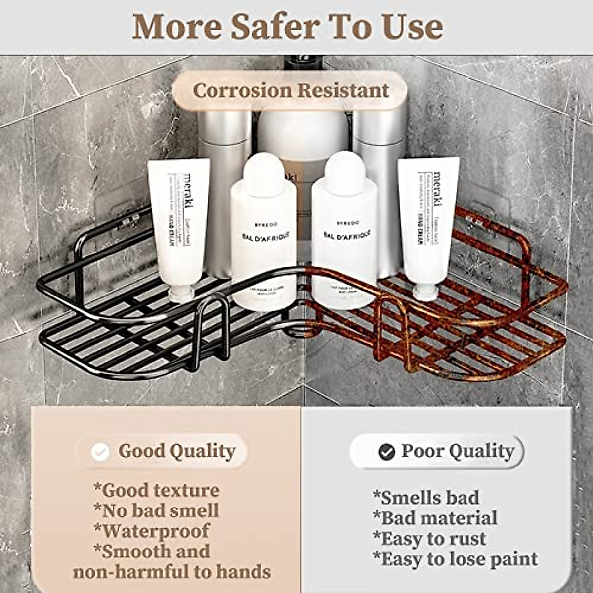 Corner Shower Caddy, Bathroom Accessories for Bathroom Storage, 2-Pack No Drilling RustProof Stainless Steel Shower Rack Wall Shelves Organizer, 1 Soap Holder with 8 Adhesive Hooks, Black