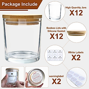 CONNOO 12Pack 10 OZ Clear Glass Candle Jars with Bamboo Lids for Making Candles, Large Size Empty Candle Tins with Wooden Lids, Bulk Clean Candle Containers - Dishwasher Safe