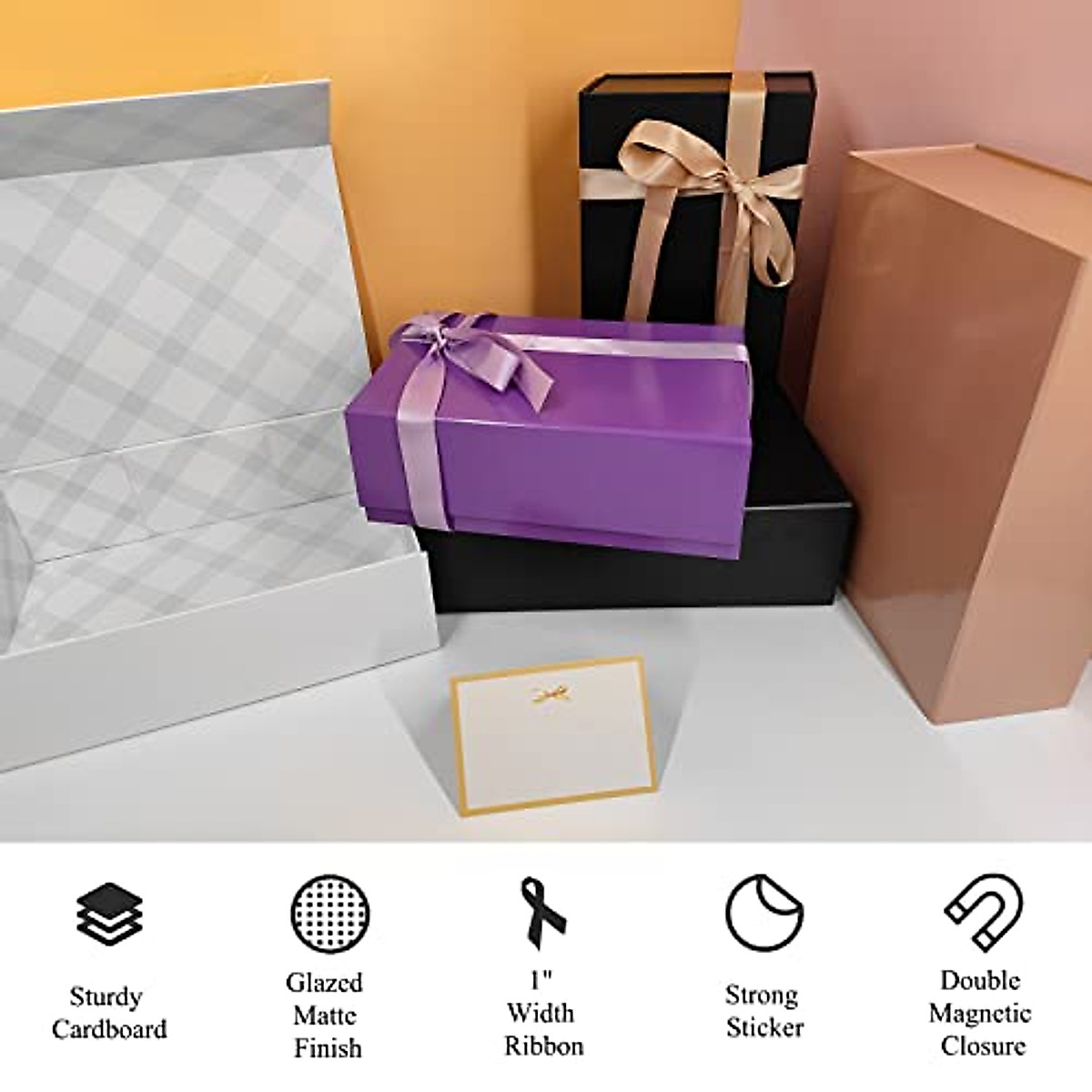 Tekhoho Black Gift Box with Lid, Luxury Premium Present Box for Gifts, Magnetic Folding Gift Boxes with Ribbon & Card for Bridesmaid Proposal Wedding Birthday Gift Packaging, Plaid Lining