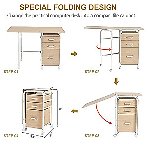Tangkula Folding Computer Desk with 3 Storage Drawers, Mobile Home Office Desk Study Writing Desk with Smooth Wheels, Space Saving Compact Desk for Dorm Apartment, Rolling Folding Desk Table