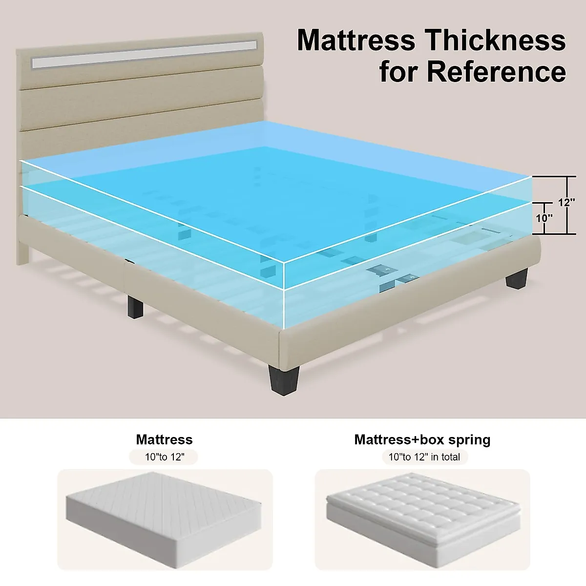 Kallabe King Size Bed Frame with LED Lights, Upholstered Bed Frame with Charging Station and Linen Fabric Tufted Headboard, Wood Slats Support, Noise-Free, Easy Assembly, No Box Spring Needed, Beige