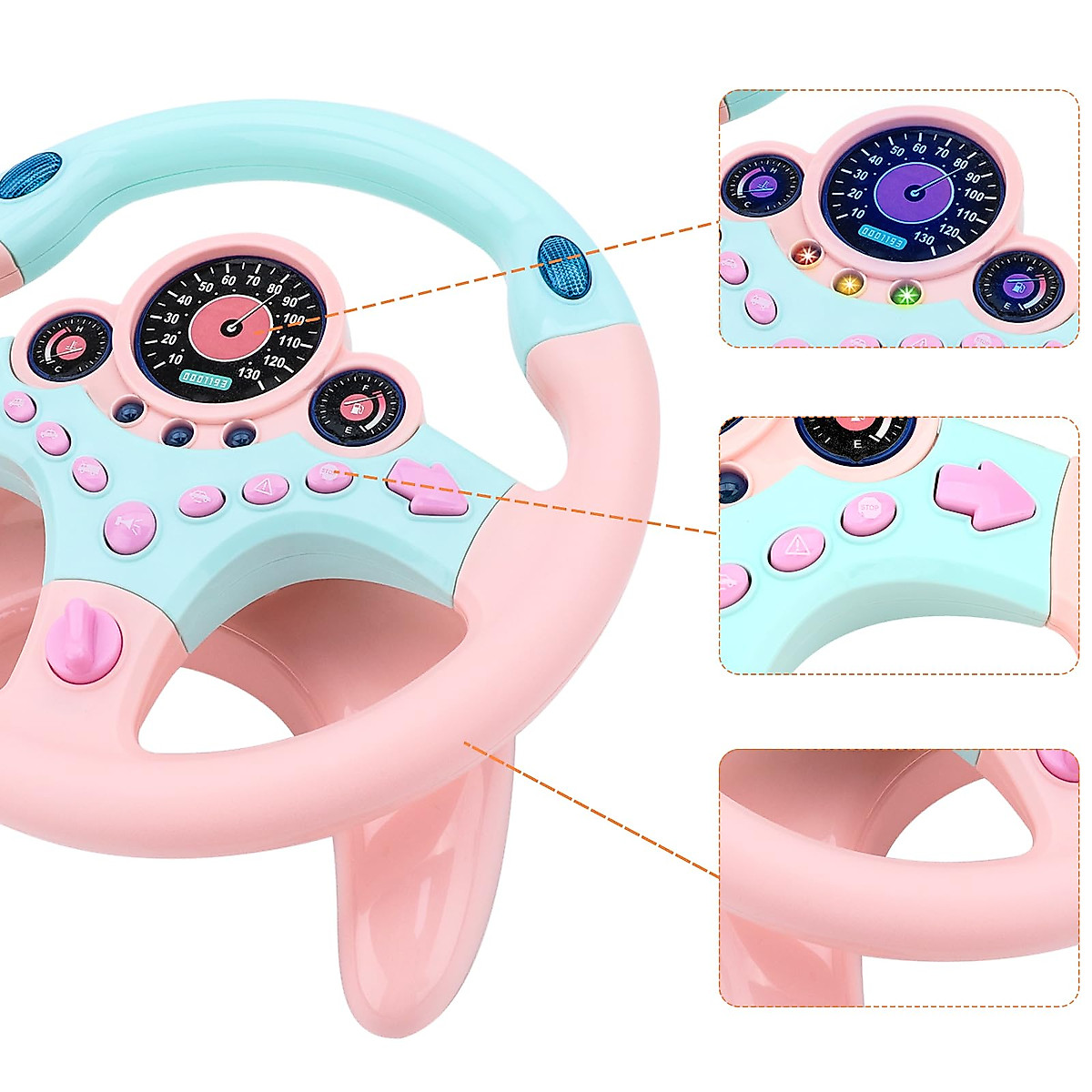 deAO Kids Steering Wheel for Backseat with Key Baby Toys Pretend Driving Simulated Steering Wheel Toy with Light and Music Gifts for Kids Toddlers (Pink)
