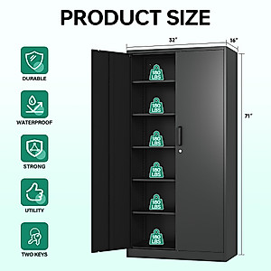 Letaya Metal Storage Cabinets with Lock Doors,Tall Locker Organizer Steel Garage Cabinets, 5 Adjustable Layers Shelves for Home, Office, Warehouse,Tool,Industrial(Black)