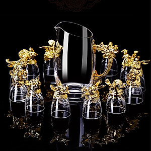 YingXue Chinese Zodiac Whiskey Glasses Set of 12 and Dragon Handle Wine Splitter Set, Crystal Glass Whiskey Liquor Cups, Zodiac Animal Head Triangular Stability Cup Base Holder, PU Suitcase Packed