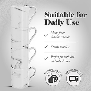 American Atelier Ceramic Mini Espresso Cups Set of 4, 3oz - Stackable Tiny Mugs for Small Shots of Coffee with Metal Stand - Use Demitasse Espresso Mug Racks for Any Kitchen or Café (Marble)