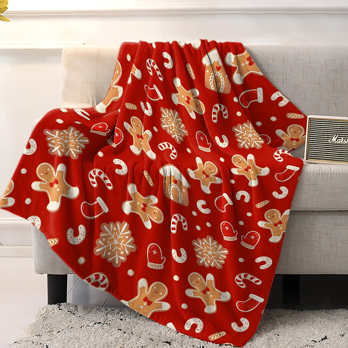 ALAGEO Christmas Throw Blanket Gingerbread Man Snowflake Blanket Winter Holiday Decorations Candy Cane Glove Bed Blanket Lightweight Warm and Cozy Throws for Winter Bedding, Couch and Gift, 40" x 50"