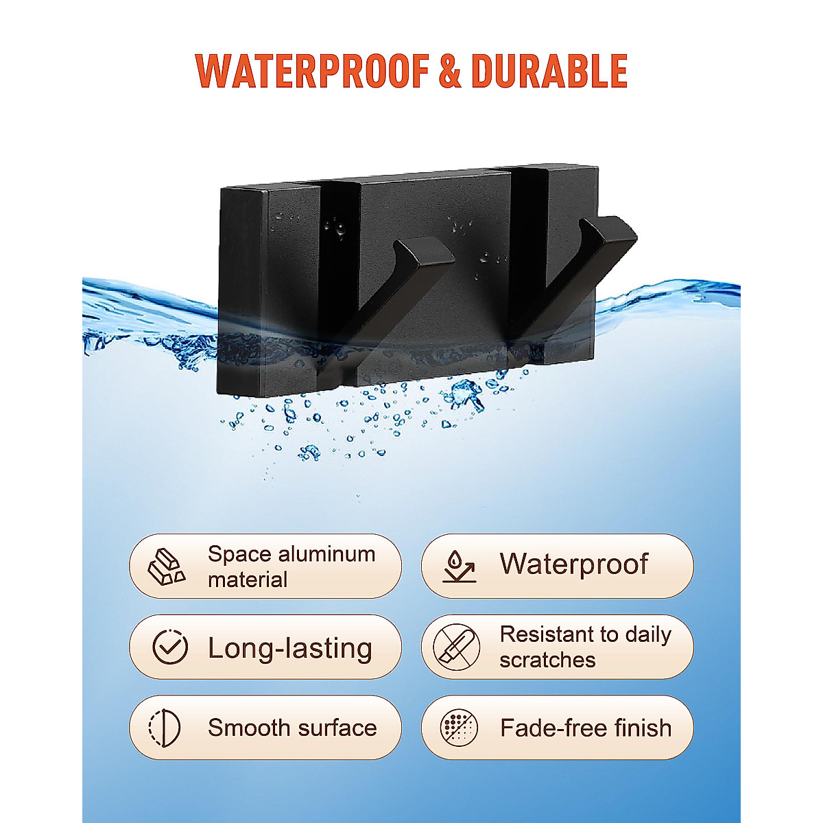 SPIEASSE 2 Pack，Modern Waterproof Black Wall Hooks，Foldable Towel Hooks for Bathrooms, Coat Hooks Wall Mounted - Ideal for Bathroom, Kitchen, Balcony