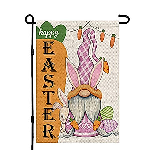 CROWNED BEAUTY Happy Easter Garden Flag Pink Gnome 12×18 Inch Double Sided Carrots Eggs Outside Vertical Holiday Yard Decor