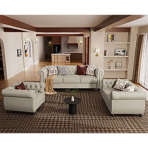 Morden Fort Deep Seat Couch Sofa, [No Sagging] 3 Seater Sectional Couch Durable Pet-Friendly Chesterfield Sofas Tufted Sofa Chenille Couches for Living Room Furniture Bedroom Lounge Beige Couch