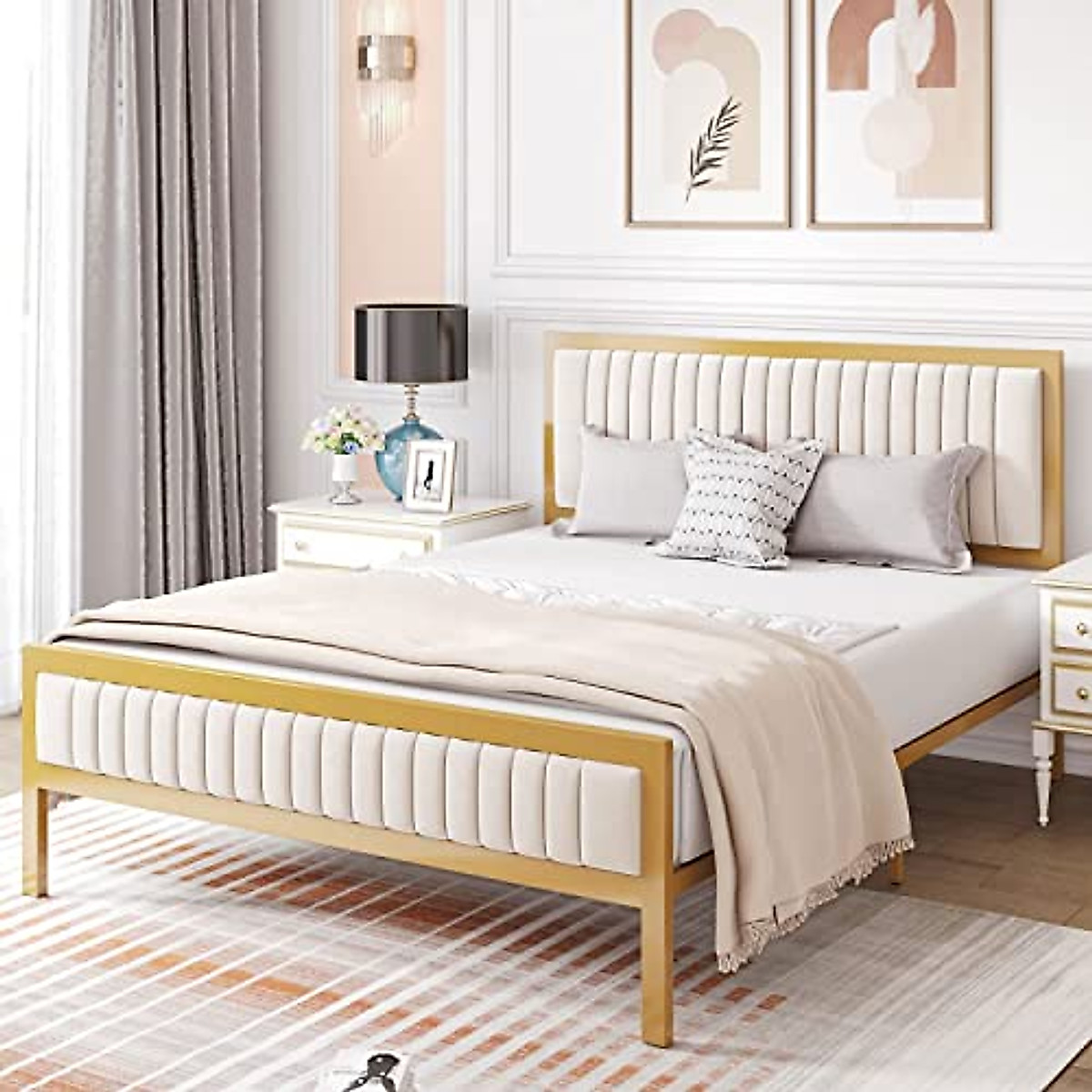 HOMBCK Full Size Bed Frame with Headboard and Footboard, Platform Bed Frame Full with Velvet Tufted Headboard, No Box Spring Needed, Strong Metal Slat Support, Easy Assembly, White & Gold