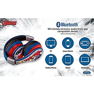 eKids Marvel Avengers Kids Bluetooth Headphones, Wireless Headphones with Microphone Includes Aux Cord, Volume Reduced Kids Foldable Headphones for School, Home, or Travel