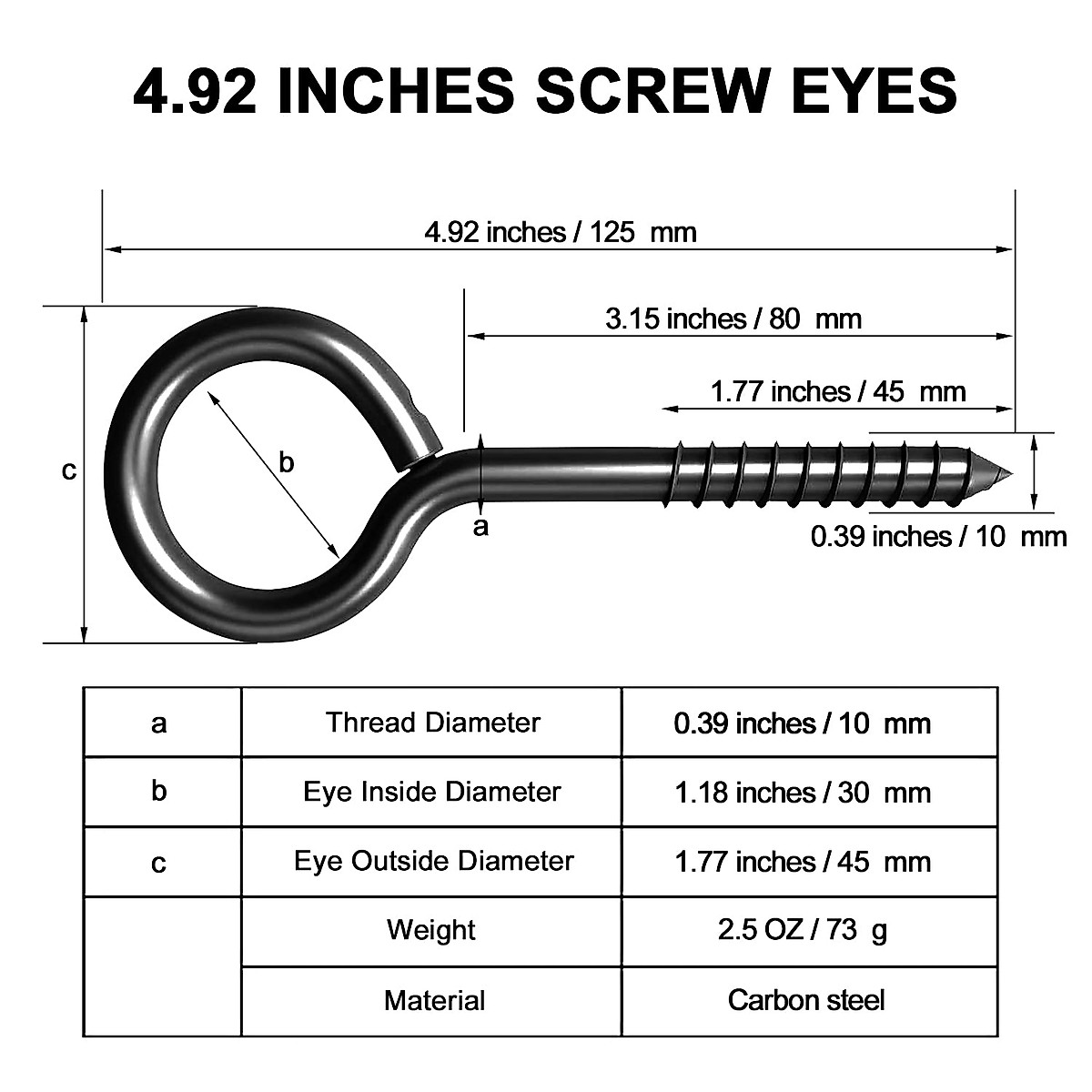 YGAOHF 5 Inch Eye Hooks Screw in Heavy Duty, 500 LBS Capacity, Large Stainless Steel Eye Hooks for Hanging, Black Eye Bolts for Indoor & Outdoor Heavy-Duty Applications