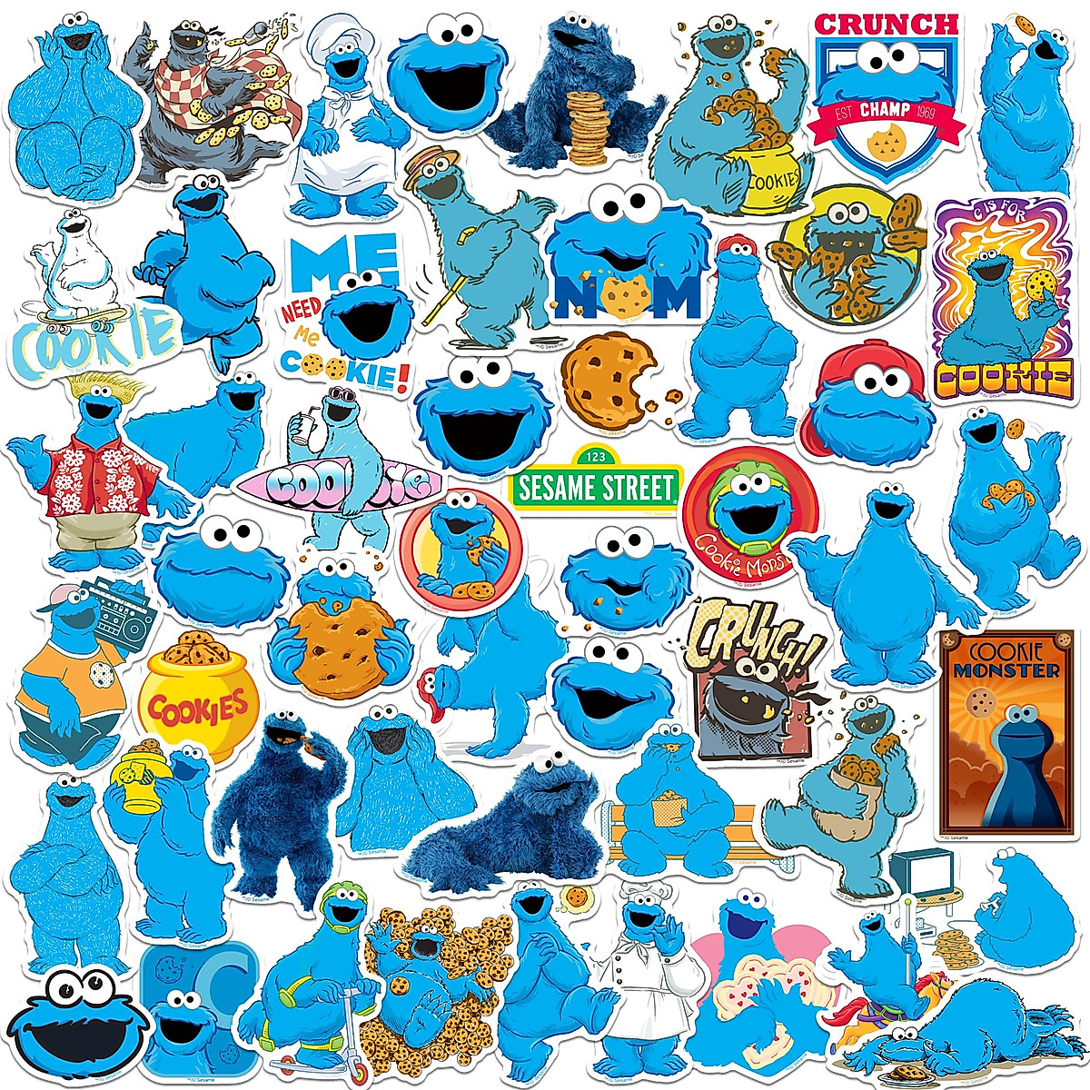 Sesame Street Cookie Monster 50ct Vinyl Large Deluxe Stickers Variety Pack - Laptop, Water Bottle, Scrapbooking, Tablet, Skateboard, Indoor/Outdoor
