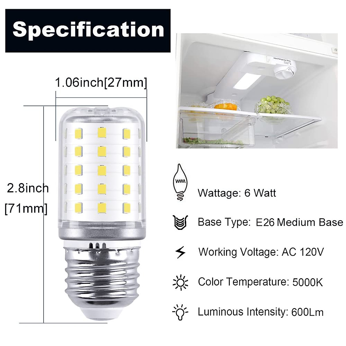 ZSCBBKJ Led Refrigerator Light Bulb Replacement 40W 60W E26 Base Appliance Light Bulb, 6W Daylight White 5000K Medium Base Fridge Light Bulbs, Non-Dimmable Freezer Home Lighting Lamp 2 Pack
