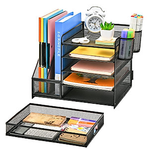 Marbrasse Desk Organizer with File Holder, 5-Tier Paper Letter Tray Organizer with Drawer and 2 Pen Holder, Mesh Desktop Organizer and Storage with Magazine Holder for Office Supplies (Black)
