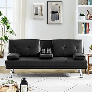 Lamerge Sofa Bed with 2 Cup Holders,PU Leather Convertible Upholstered Folding Sofa,67" L Multi-Functional Futon Sofa Couch for Small Space, Apartment,Dorm, Removable Armrest,Black