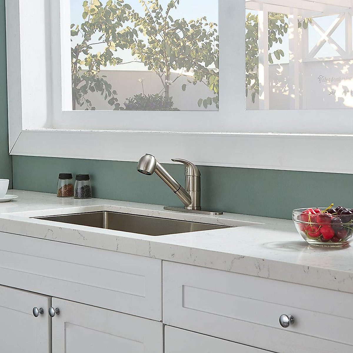 KINGO HOME Modern Single Handle Stainless Steel Brushed Nickel Pull Out Sprayer Bar Kitchen Faucet,Small Kitchen Sink Faucet with Escutcheons Single Hole Kitchen Faucet