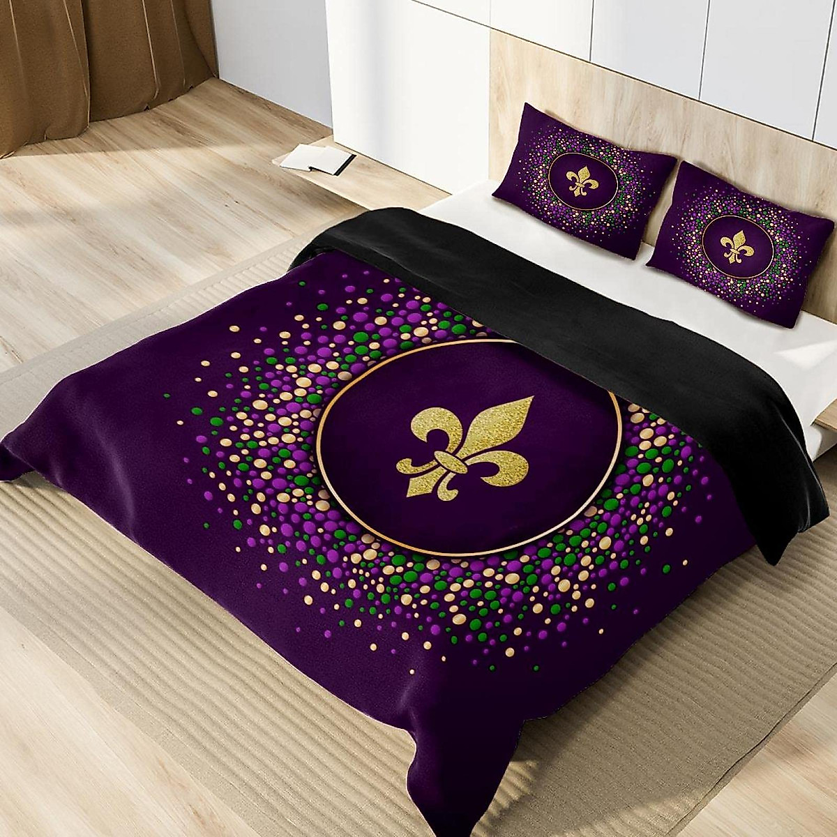 Wu5dra Duvet Covers Set Queen Size Mardi Gras Golden Glitter Fleur De Lis - Soft and Breathable Microfiber Comforter Bedding Set with Zipper Closure for Kids Women Men, 1 Duvet Cover 2 Pillowcase