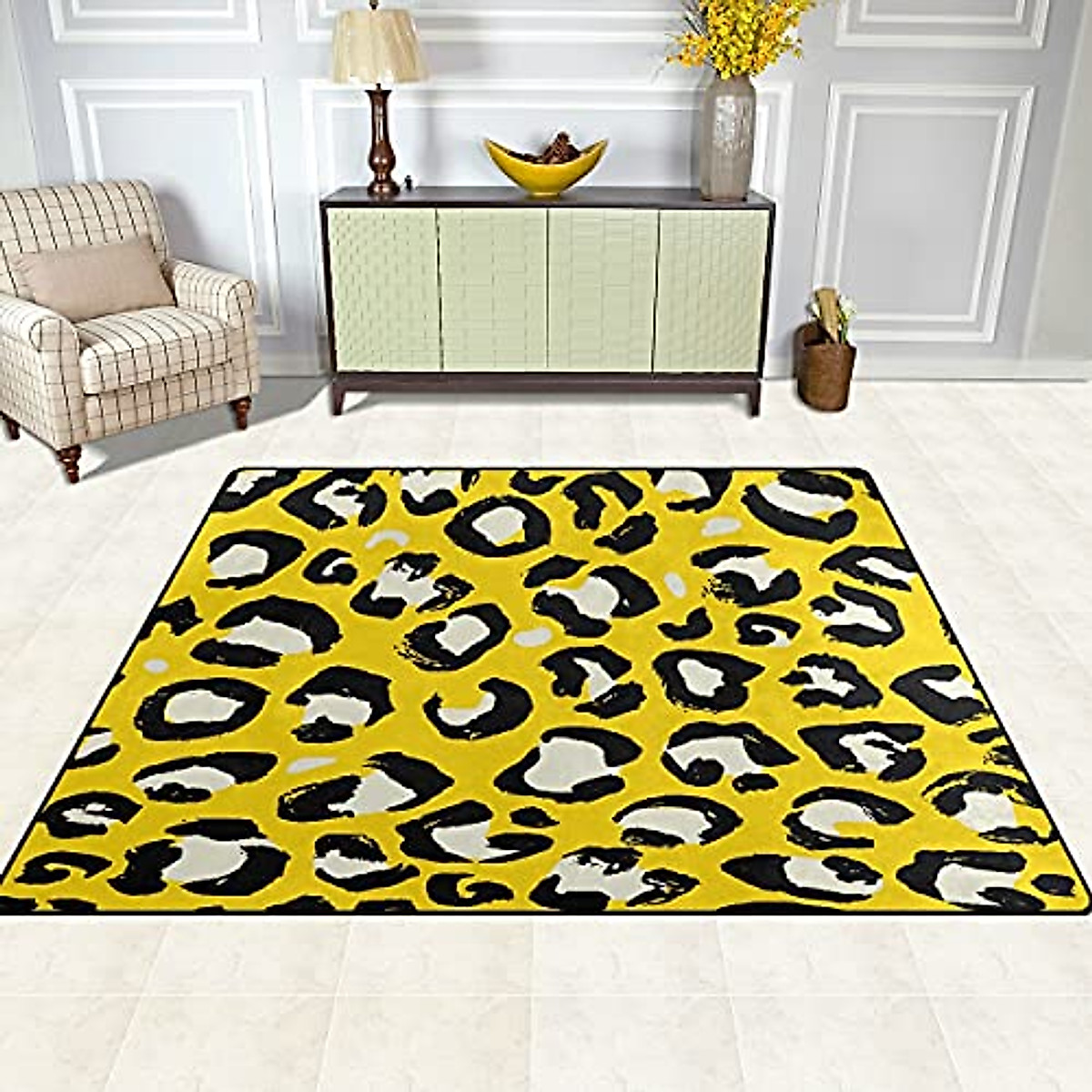ALAZA Black Yellow Leopard Print Non Slip Area Rug 5' x 7' for Living Dinning Room Bedroom Kitchen Hallway Office Modern Home Decorative