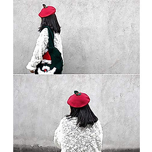 Handmade Cute Red Apple Beret Vintage Artist Painter Hat Women Wool Cap Warm Winter Love Gift