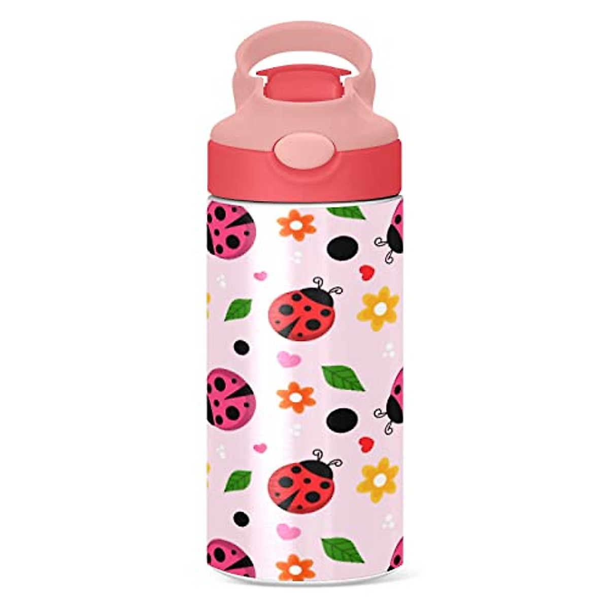 ALAZA Cute Ladybug Flower on Pink Background Kids Water Bottles with Lids Straw Insulated Stainless Steel Water Bottles Double Walled Leakproof Tumbler Travel Cup for Girls Boys Toddlers 12 oz,Pink