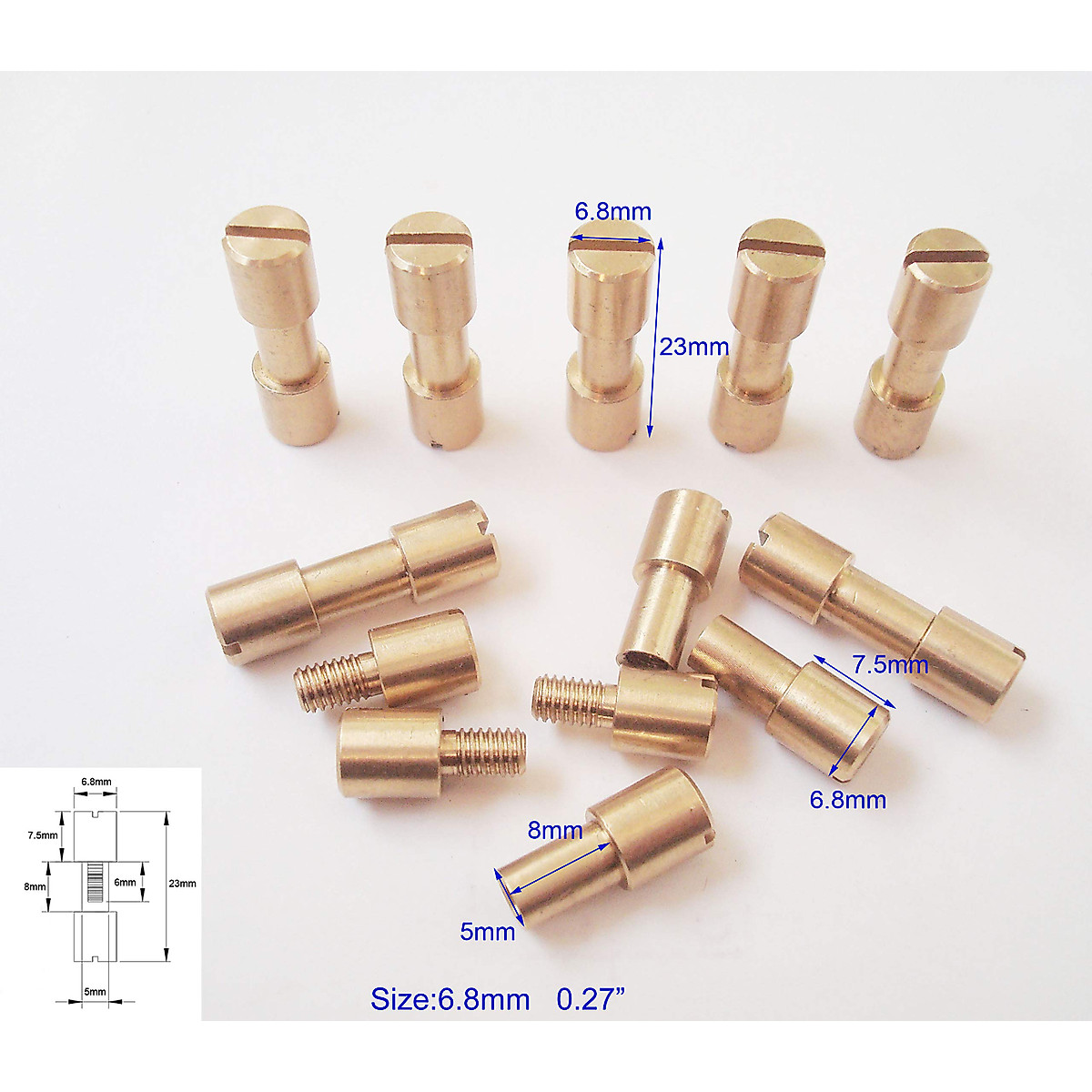 5Afashion EDC Knife Fasteners Rivets,Knifemakers Corby Screws,DIY knife handle stud - 10 sets (brass, 0.27")