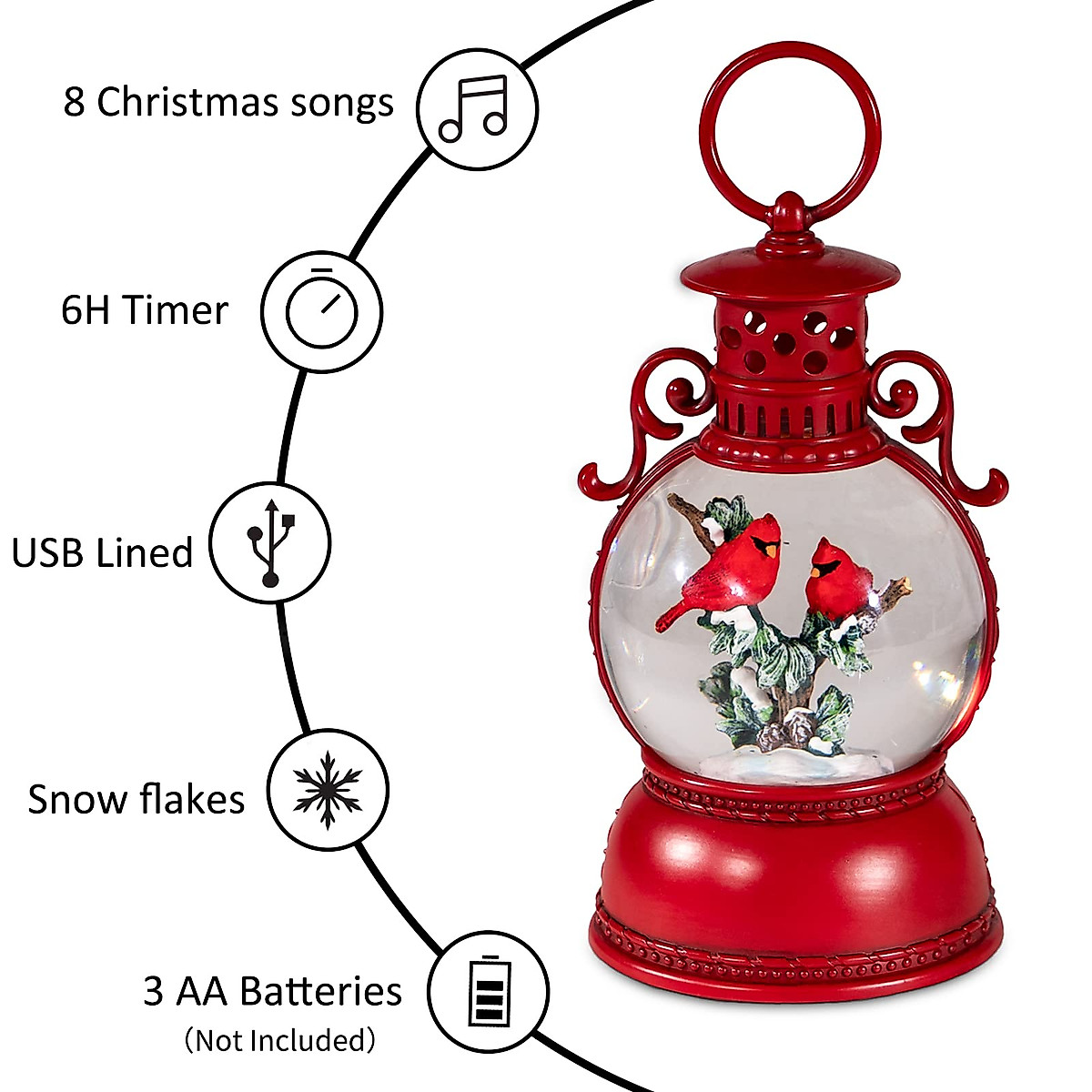 Christmas Snow Globes, Cardinal Christmas Water Globes with 8 Songs, 6H Timer Battery & USB Powered Glitter Snow Globe Music Box Suitable for Christmas Home Decorations Holiday Party Gifts