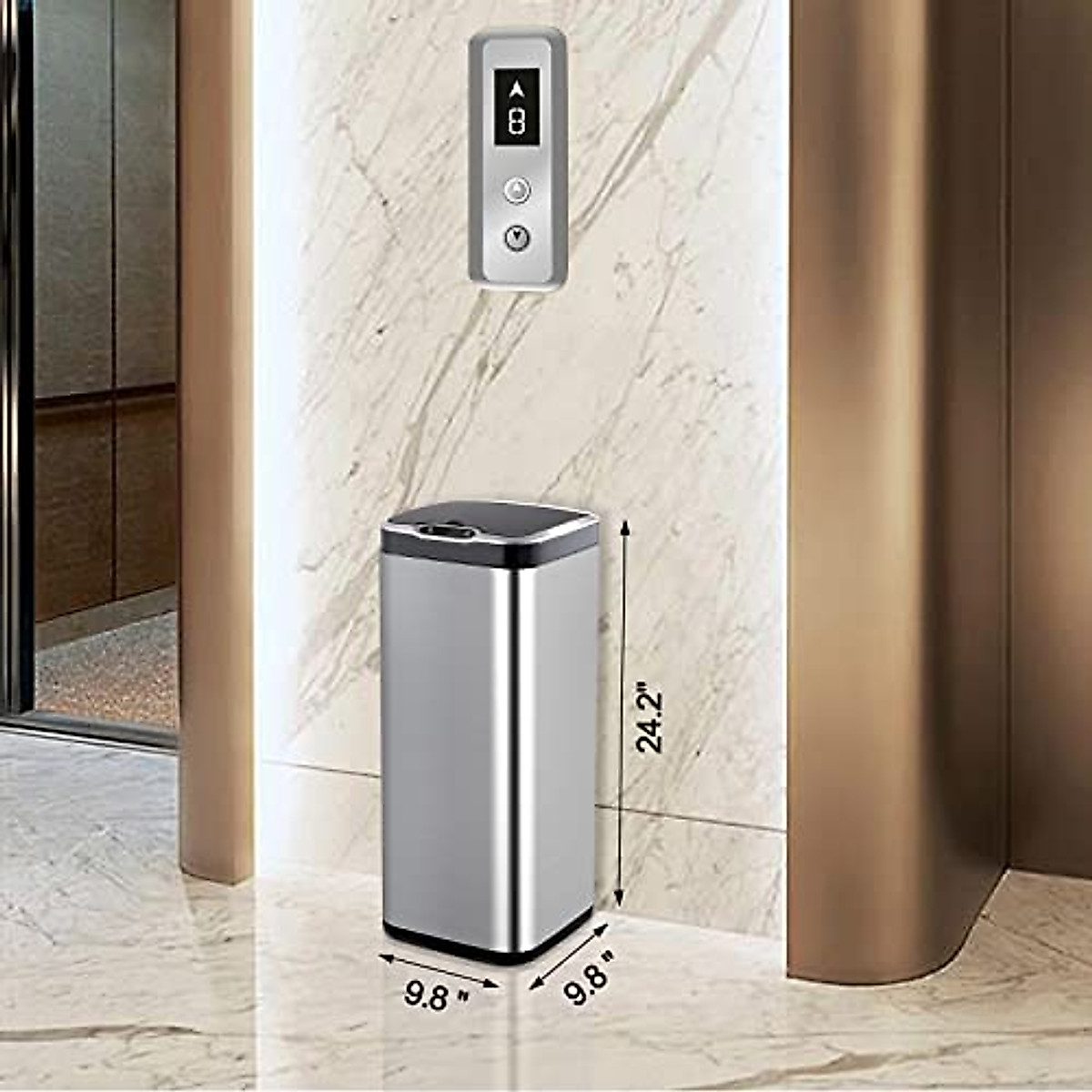 Square Stainless Steel ELPHECO 8 Gallon Sensor Trash Can with Lid, 30 Liter Automatic Kitchen Garbage Can, Slim Metal Trash Can for Home, Hotel, Office Building, Public Places