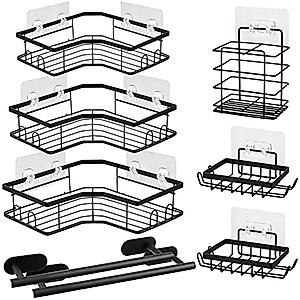 8 Pcs Adhesive Corner Shower Caddy Set 3 Stainless Steel Bathroom Shower Organizer Shelves Rustproof Shower Shelf Rack 2 No Drilling Soap Holder for Shower Wall 1 Toothbrush Holder 2 Towel Bar, Black