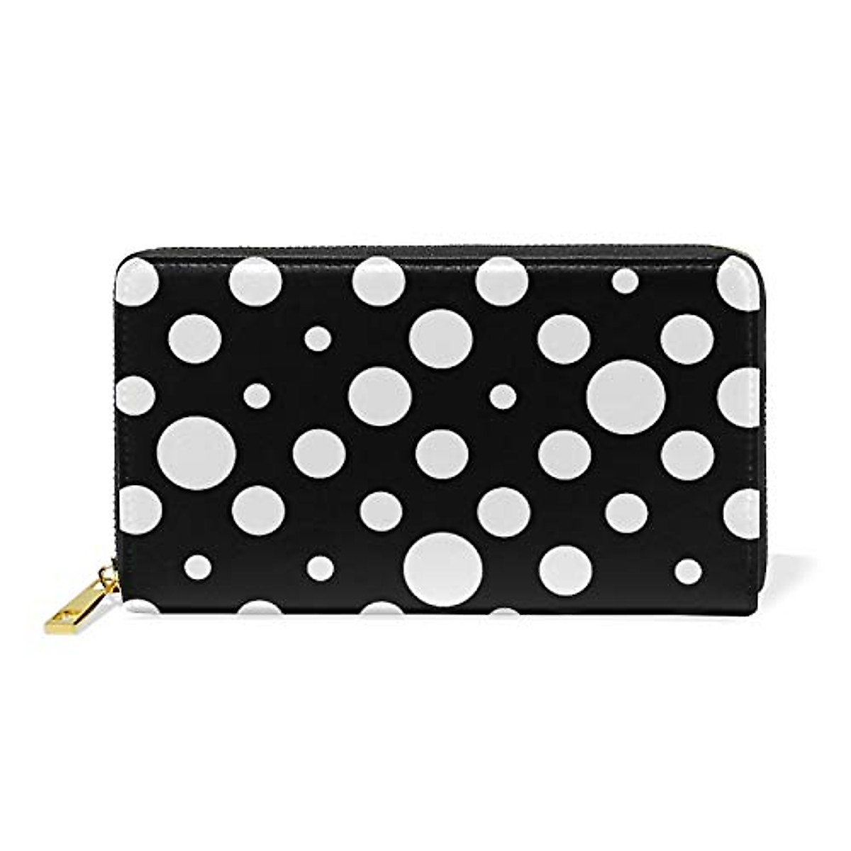 Art Vintage Black White Polka Dot Leather Womens Zipper Wallets Clutch Coin Case