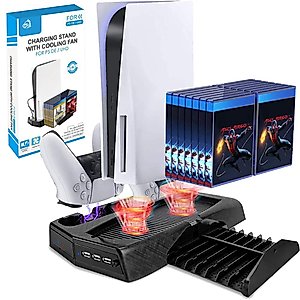 Vertical Stand with Cooling Fan, for PS5 Digital Edition and PS5 UHD Edition, Fast Cooling, Safe and Quiet, with Dual DualSense Controller Charger Ports and Retractable Game Storage