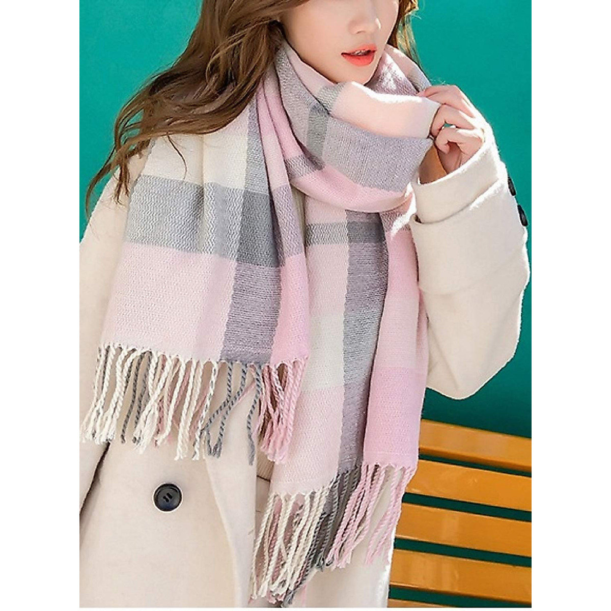 Wander Agio Women's Fashion Scarves Long Shawl Winter Thick Warm Knit Large Plaid Scarf Pink Grey 2