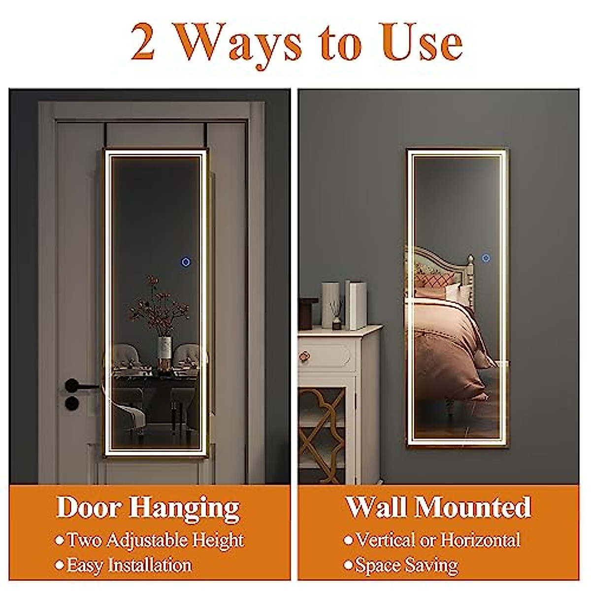 NeuType Full Body Mirror with Lights, 51"x18" LED Mirror Full Length, Full Length Mirror with LED Lights, Wall Mounted Door Hanging Mirror, Dressing Mirror for Bedroom Living Room, Silver