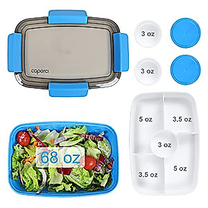 Caperci Salad Lunch Container with 68 oz Salad Bowl - Large Adult Bento Lunch Box, 5-Compartment Bento-Style Tray for Toppings, 2pcs 3-oz Sauce Cups for Dressings, Stackable, BPA-Free (Blue)